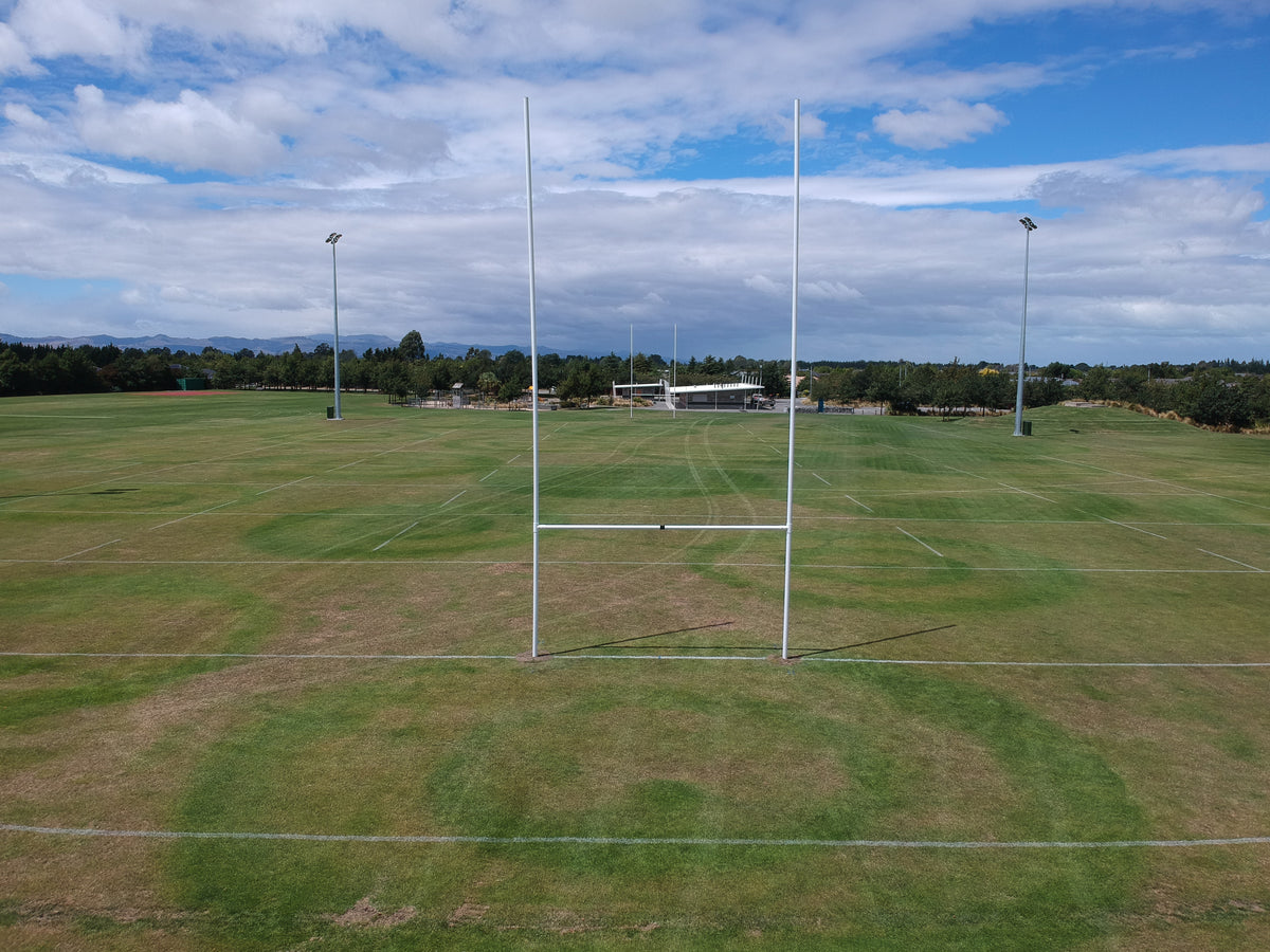 Aluminium Rugby Posts with Sleeve Base - 11.3m — Perennial Sport & Turf